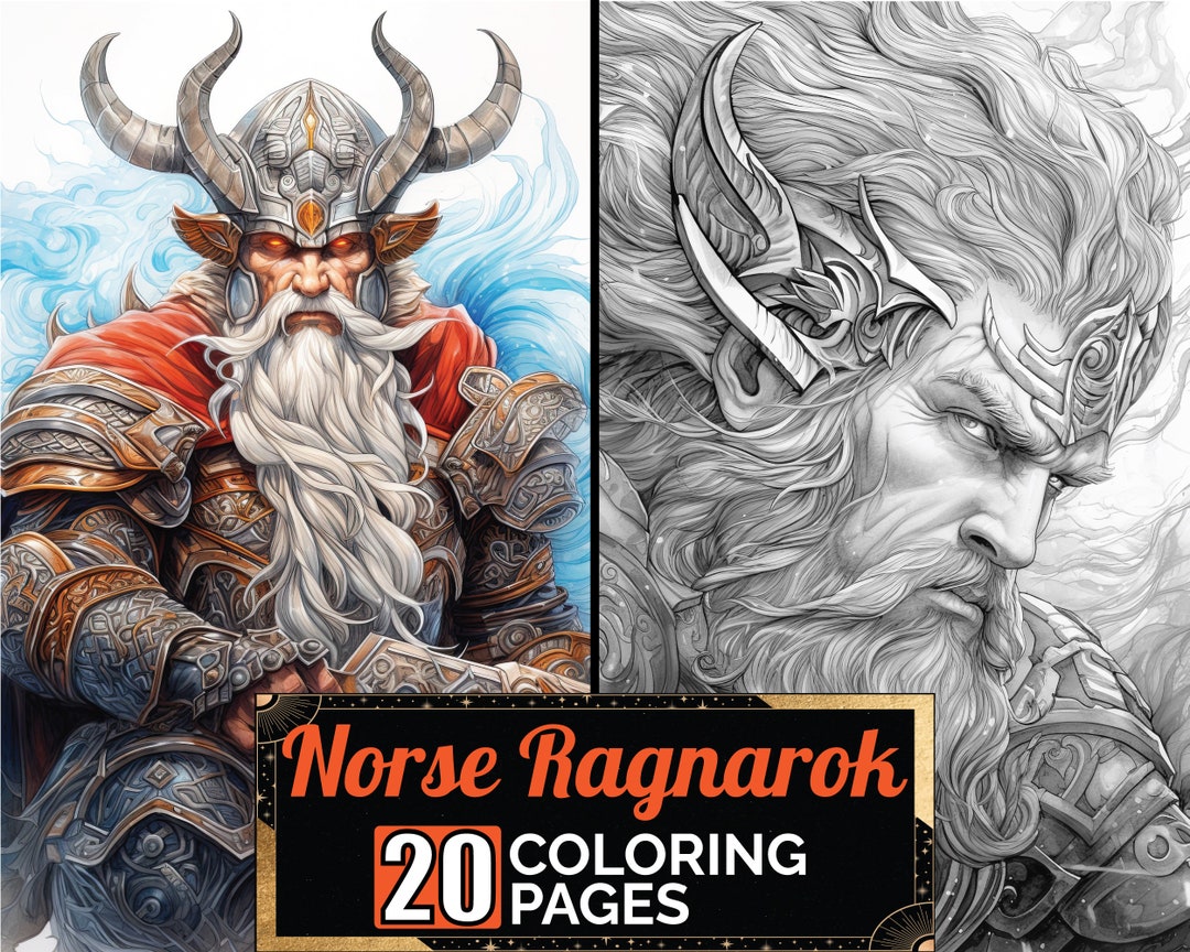 Norse Ragnarok Mythology Coloring Book, 20 Greyscale Adult & Kids ...