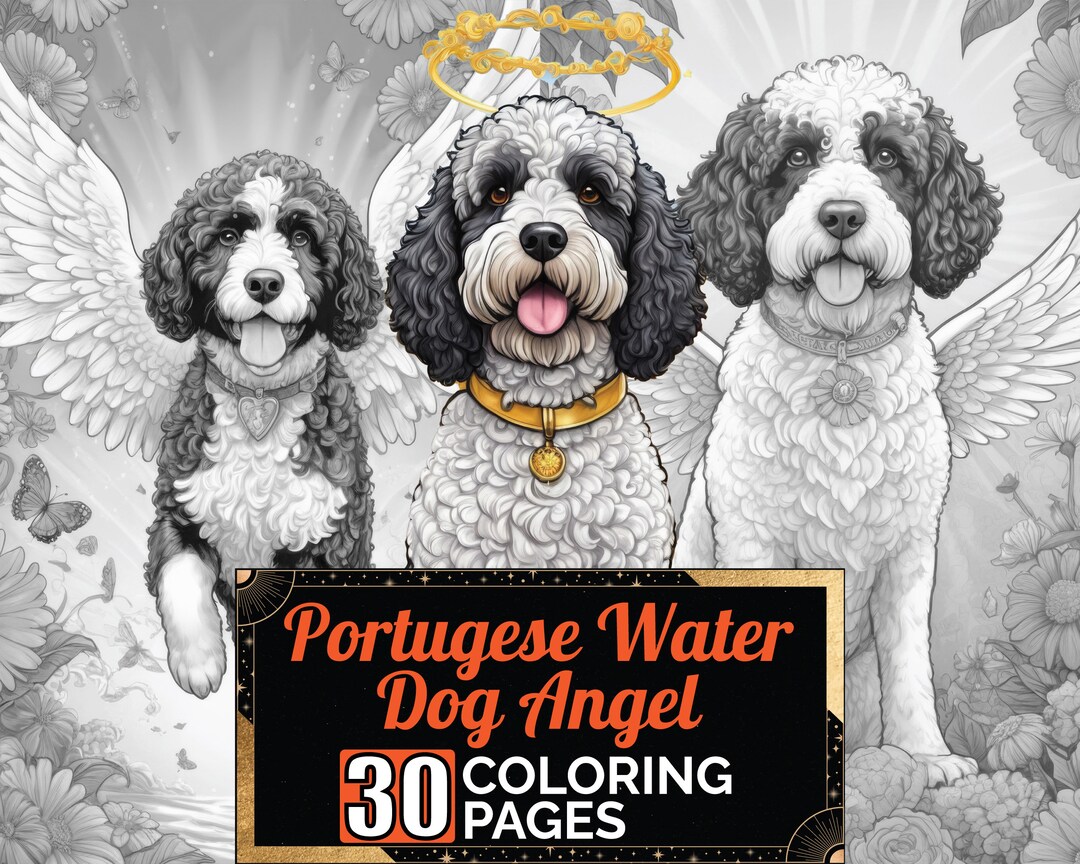 Portugese Water Dog Angel Coloring Book, 30 Detail Greyscale Adult ...