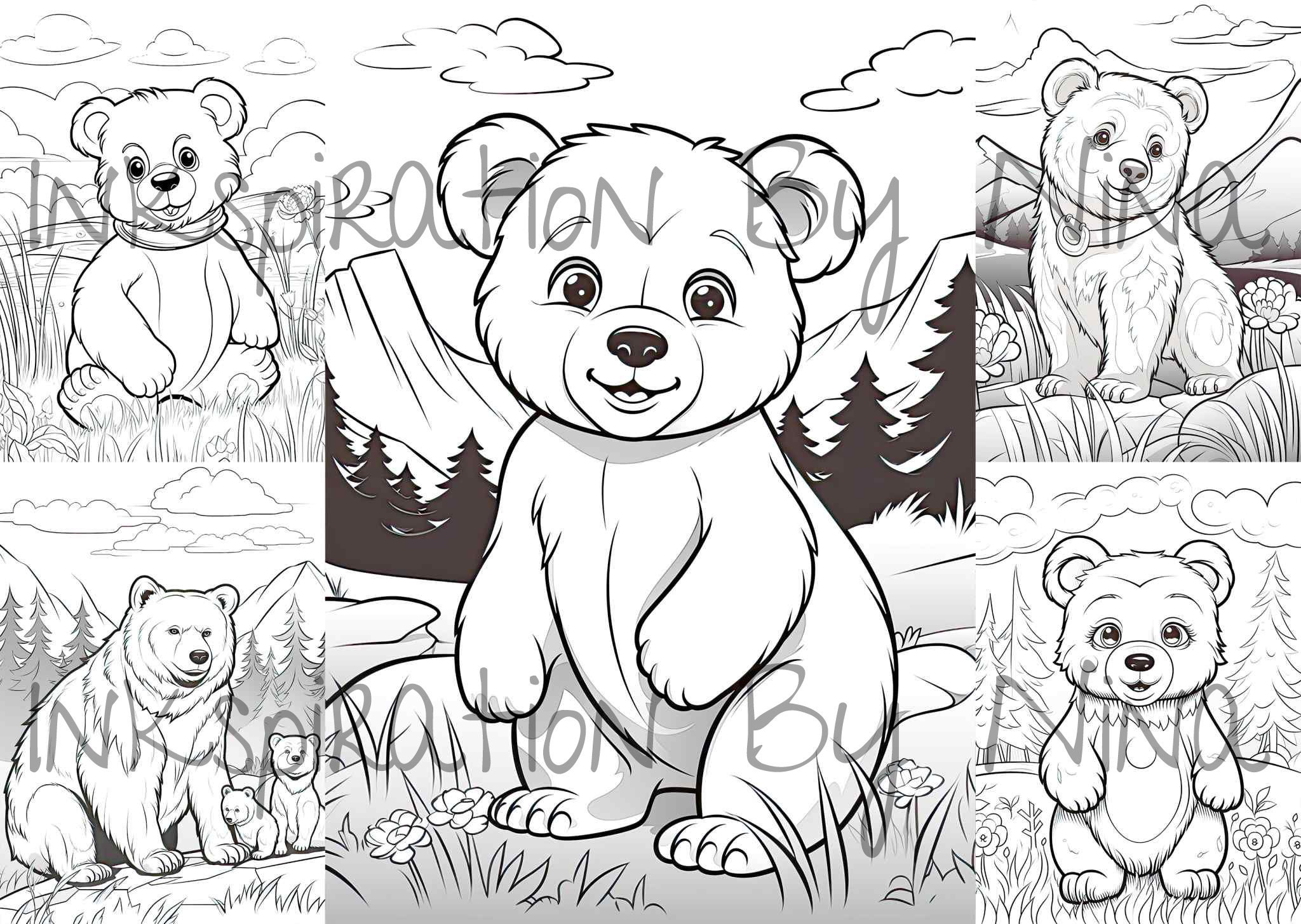 Cute Cartoon Bear Coloring Book, 21 Detail Greyscale Adult & Kids ...