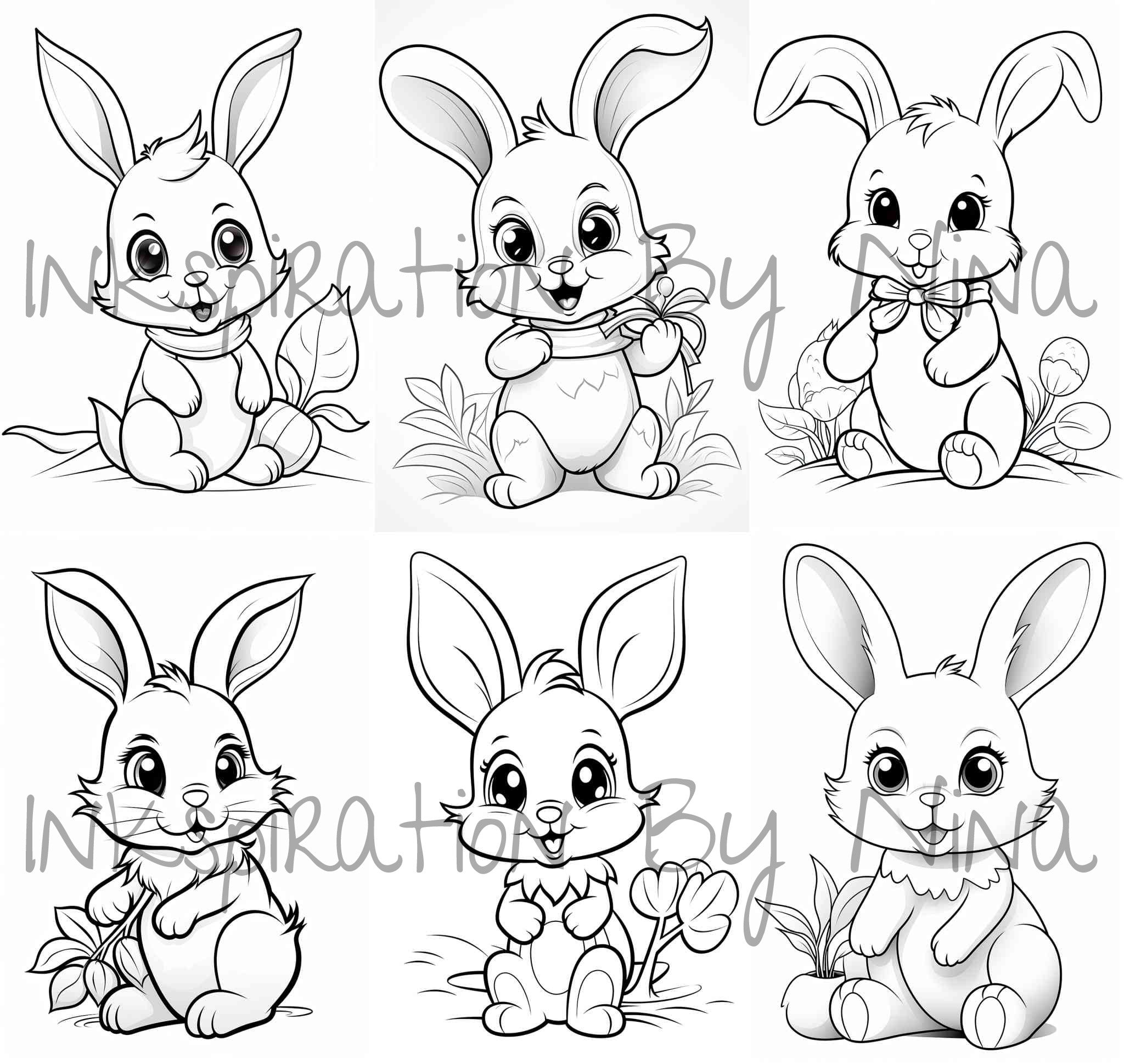 Cute Bunny Coloring Book, 30 Detail Greyscale Adult & Kids Rabbit ...