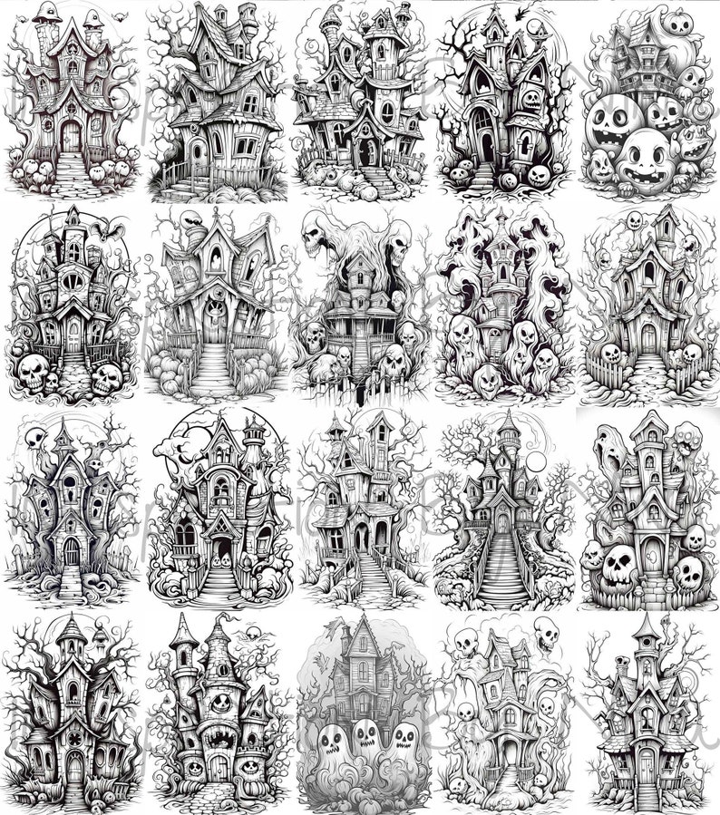 Scary Haunted House Halloween Coloring Pages 20 Premium Adult - Etsy