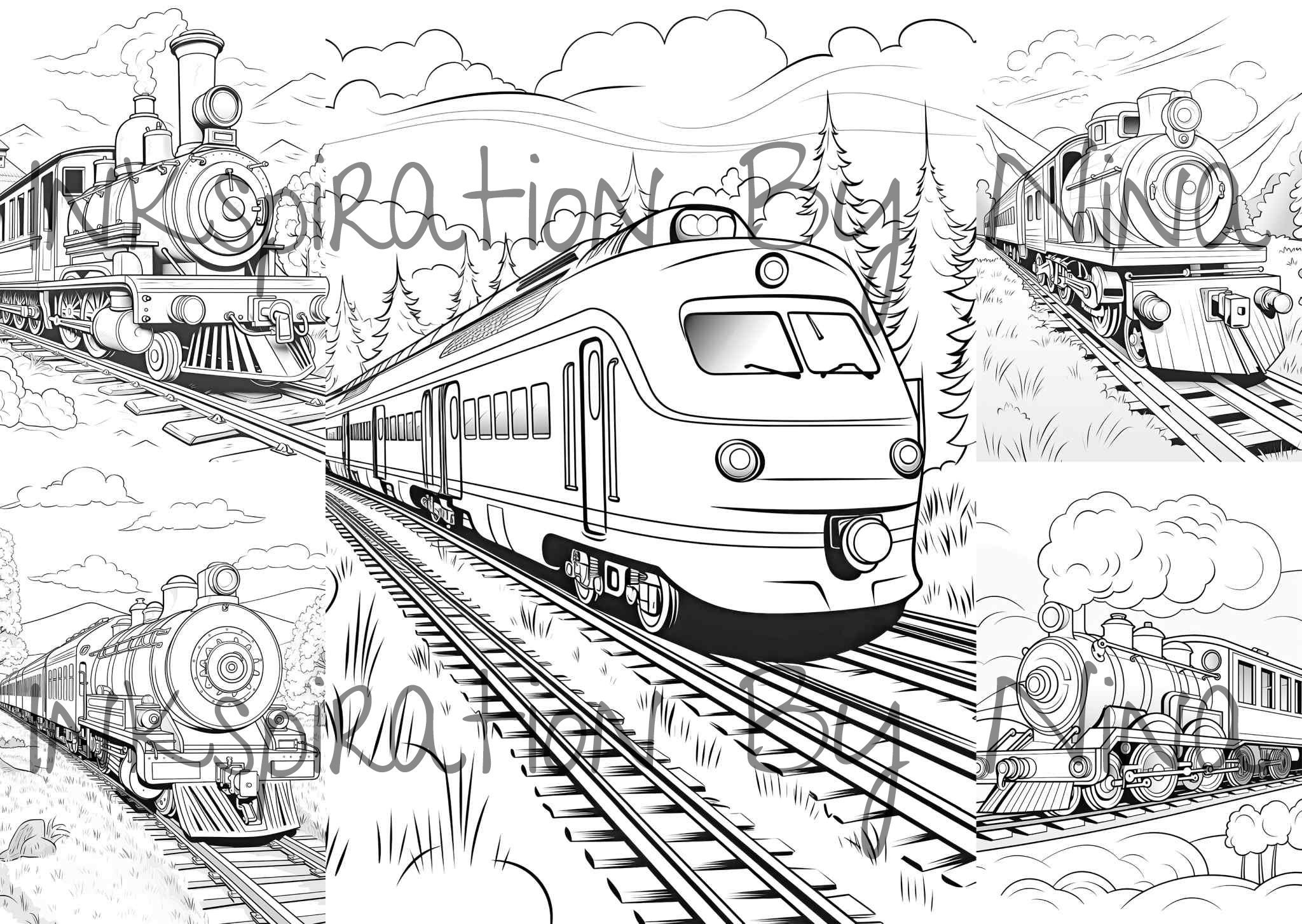 Train in Motion Coloring Book, 26 Detail Greyscale Adult & Kids ...
