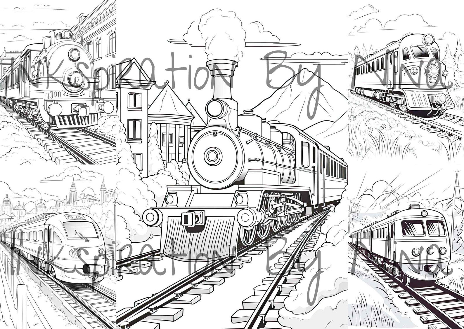 Train in Motion Coloring Book, 26 Detail Greyscale Adult & Kids ...