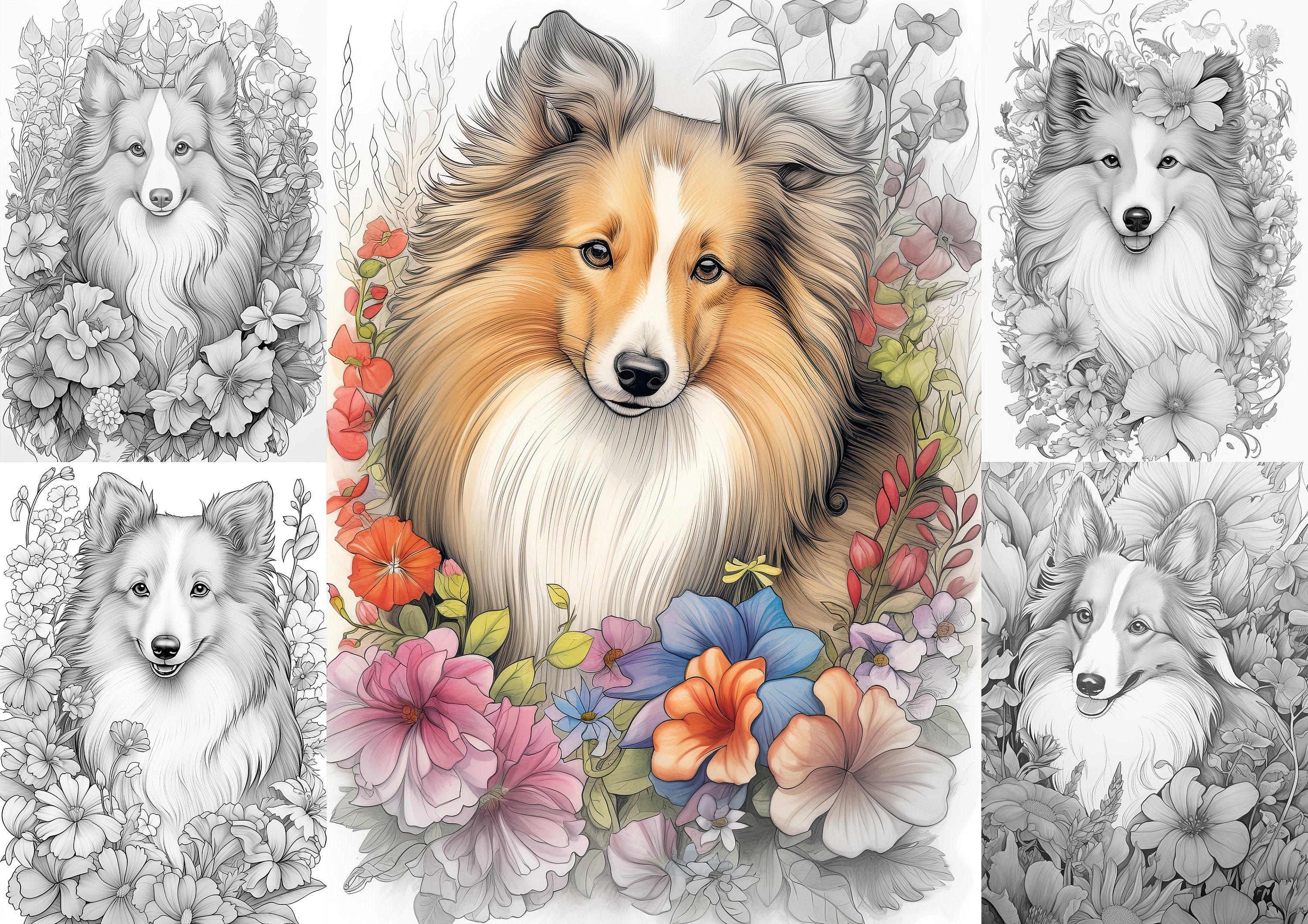Sheltie Shetland Sheepdog in Flowers Coloring Pages, 20 Premium ...