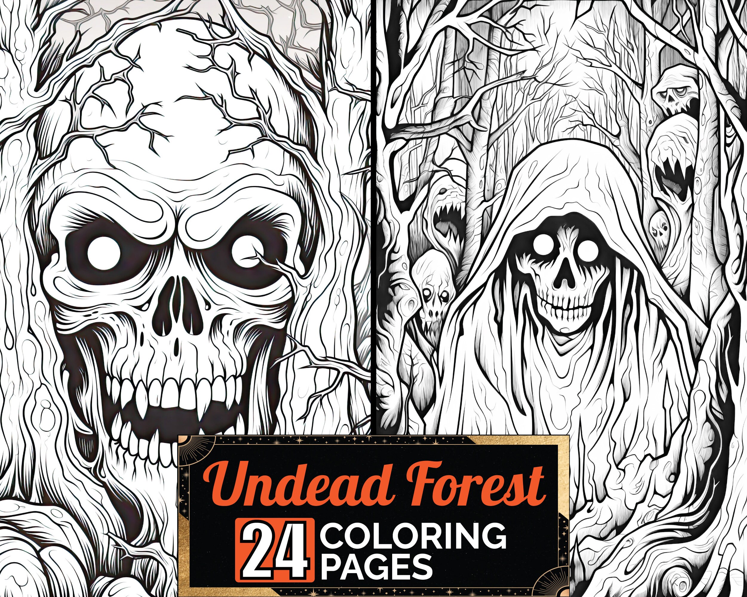 Scary Undead Haunted Forest Coloring Book, 24 Greyscale Adult & Kids ...