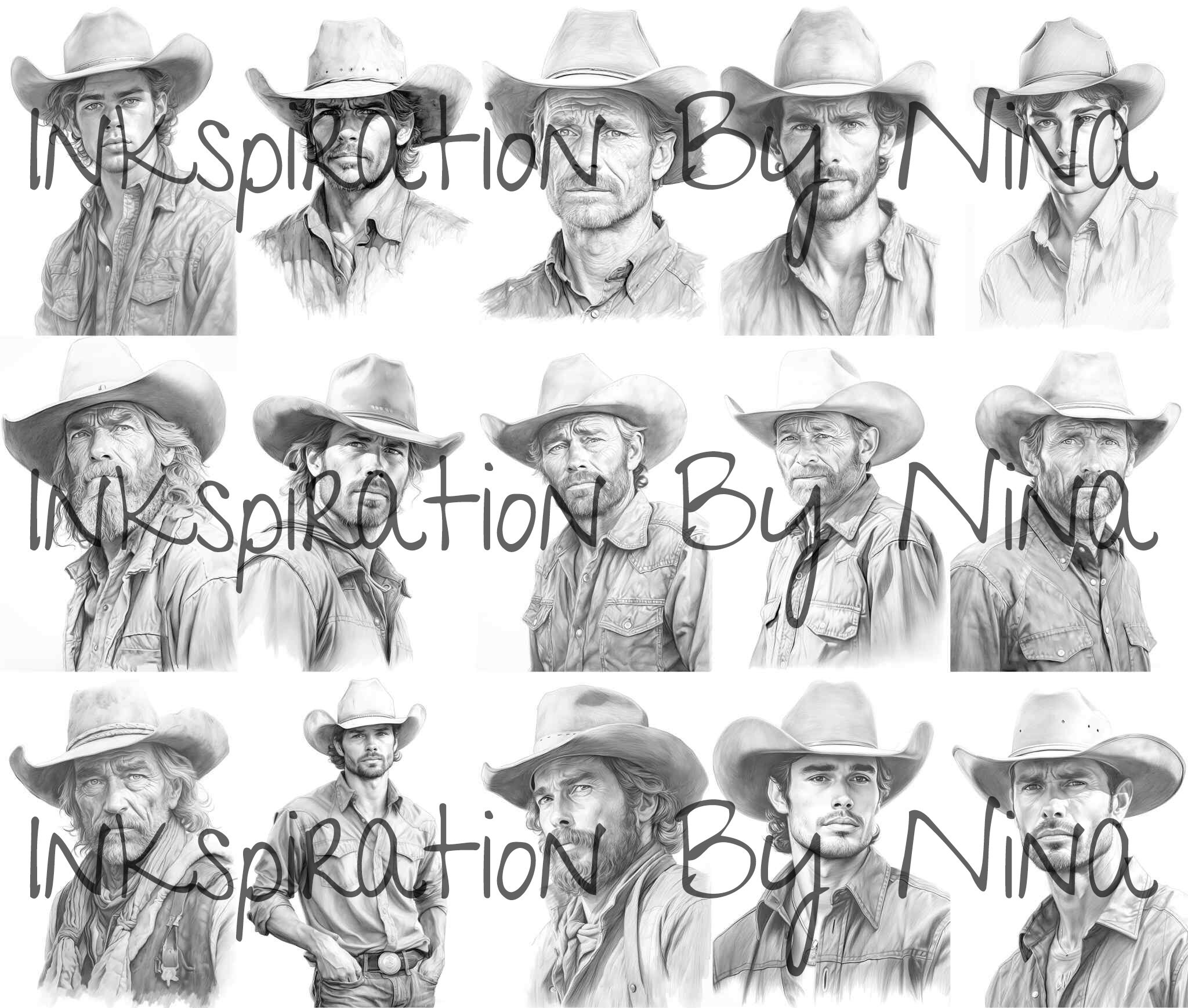 Handsome Rugged Manly Cowboy Coloring Book, 15 Detail Greyscale Adult ...
