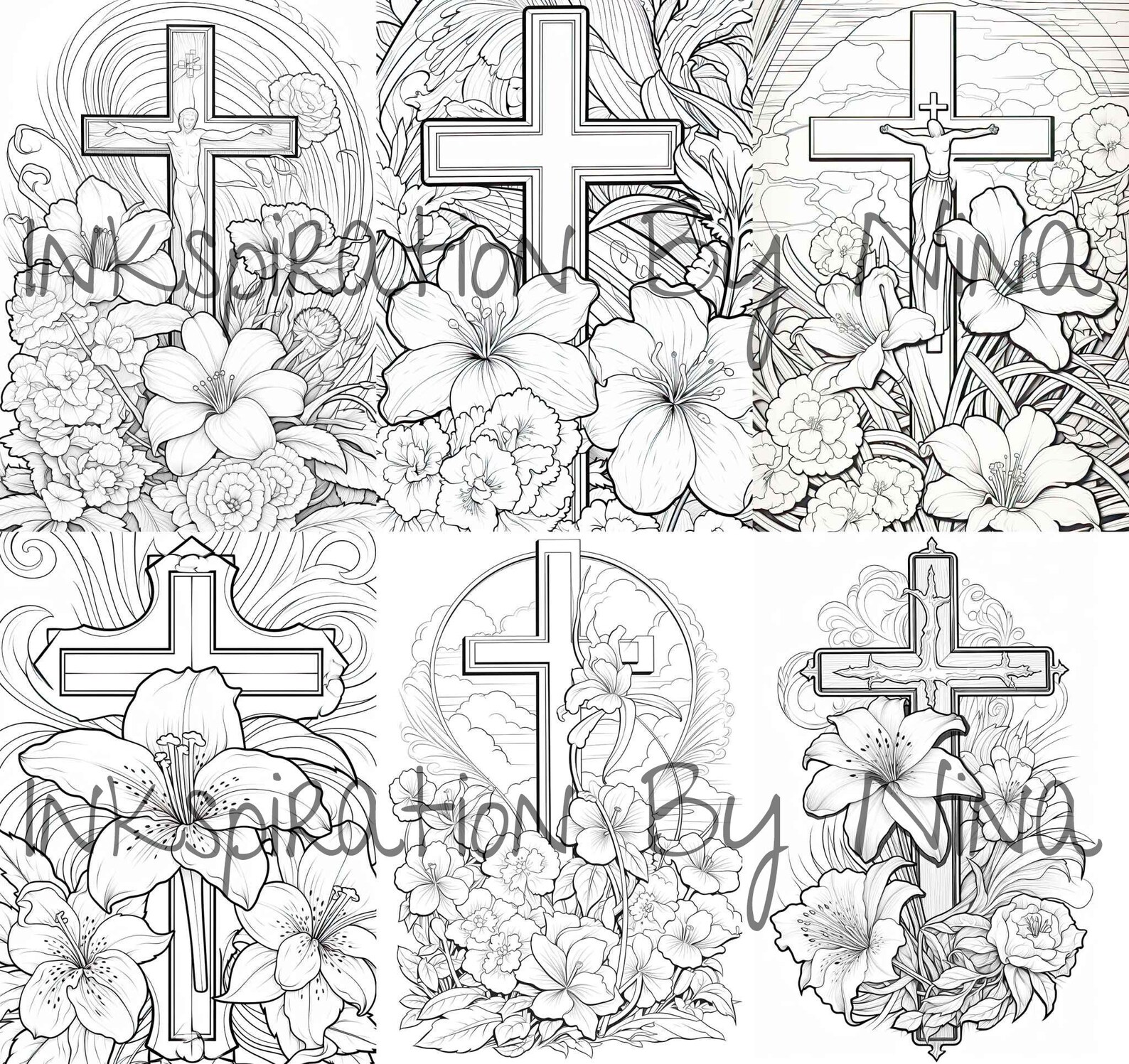 Flower Cross Coloring Book, 25 Detail Greyscale Adult & Kids Floral ...