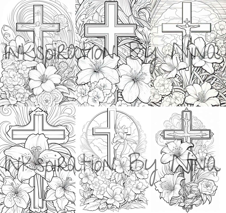 Flower Cross Coloring Book, 25 Detail Greyscale Adult & Kids Floral ...