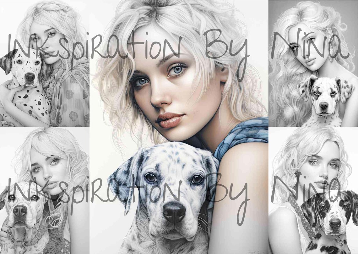 Girl With A Dalmatian Coloring Book, 20 Detail Greyscale Adult & Kids ...