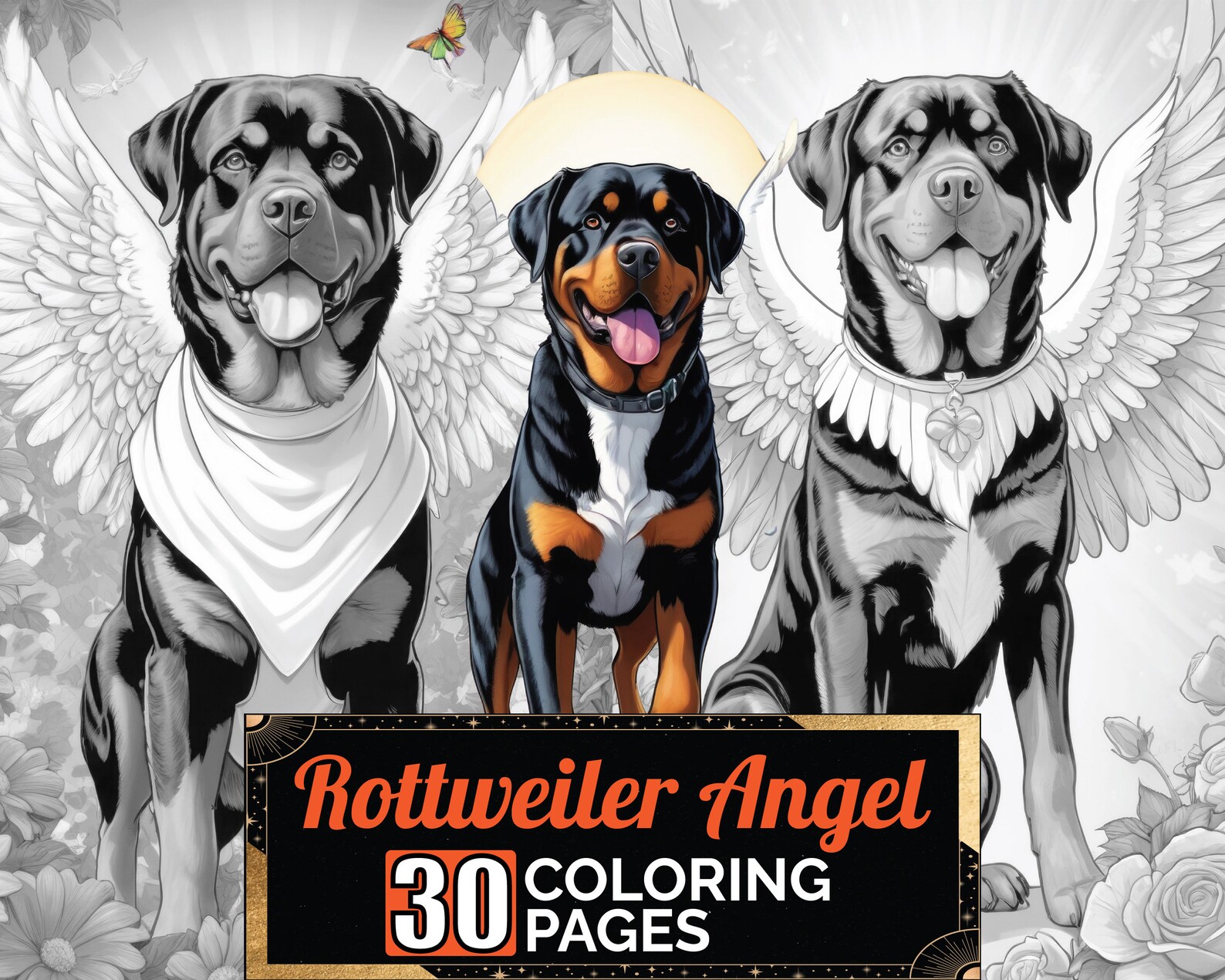 Rottweiler Angel Coloring Book, 30 Detail Greyscale Adult & Kids Good ...