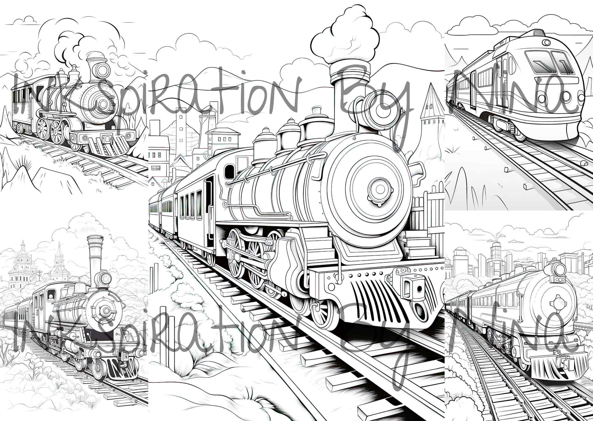 Train in Motion Coloring Book, 26 Detail Greyscale Adult & Kids ...