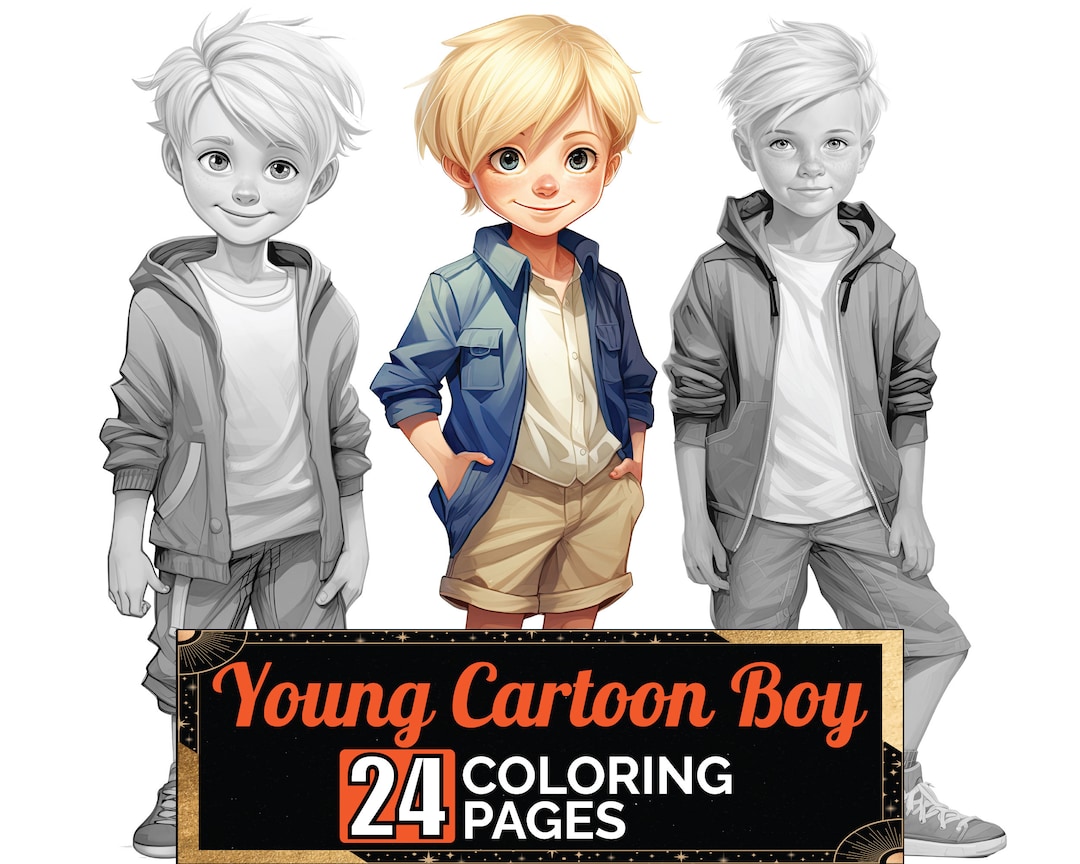 Happy Young Cartoon Boy Coloring Book, 24 Detail Greyscale Adult & Kids ...