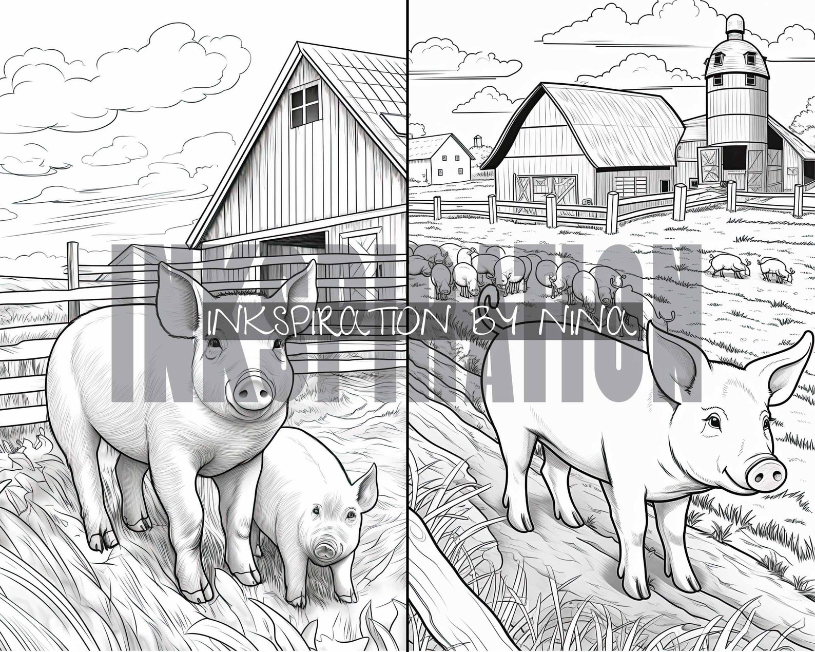 Farmland Pig Coloring Book, 21 Greyscale Adult & Kids Farm Animal ...