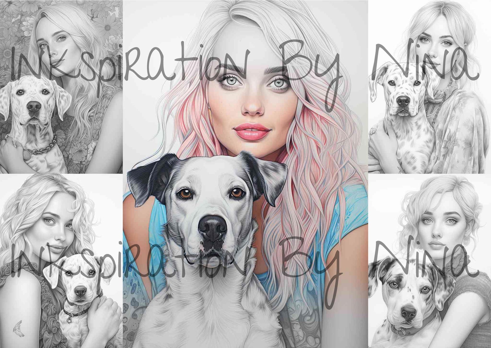 Girl With A Dalmatian Coloring Book, 20 Detail Greyscale Adult & Kids ...