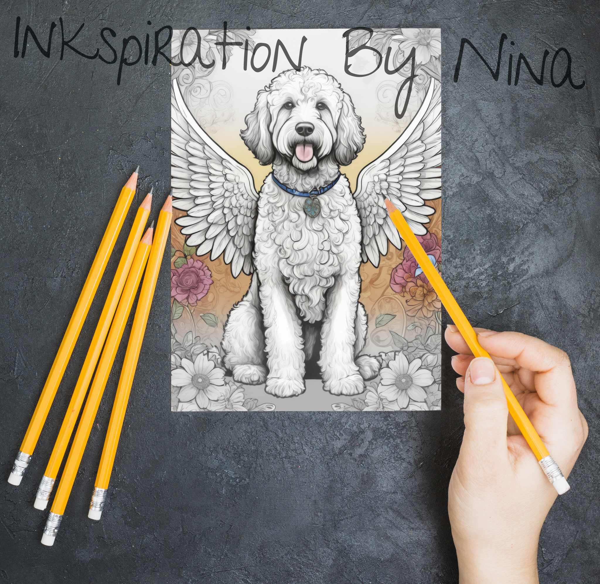 Labradoodle Angel Coloring Book, 24 Detail Greyscale Adult & Kids Good ...