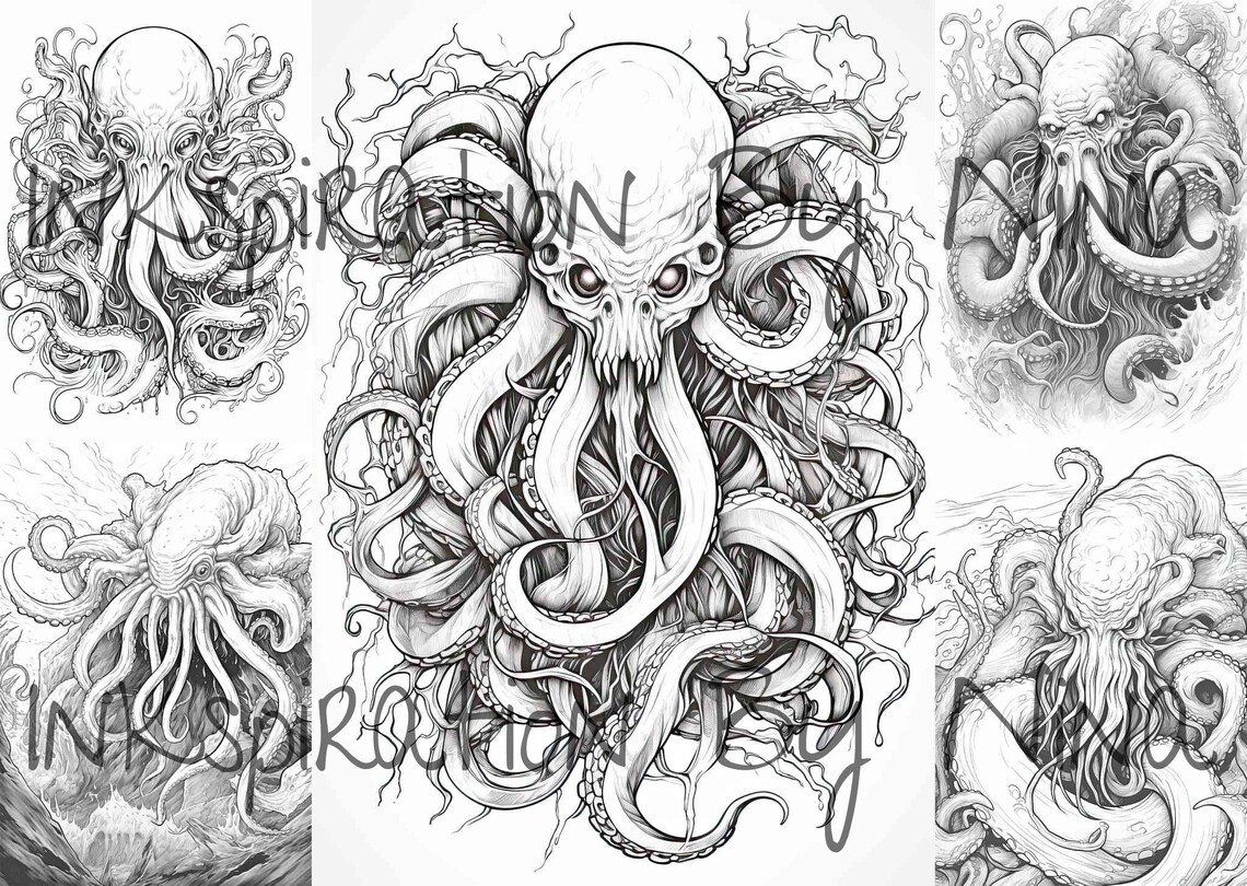 Cthulhu Tentacle Sea Monster Coloring Book, 16 Detail Greyscale Adult ...