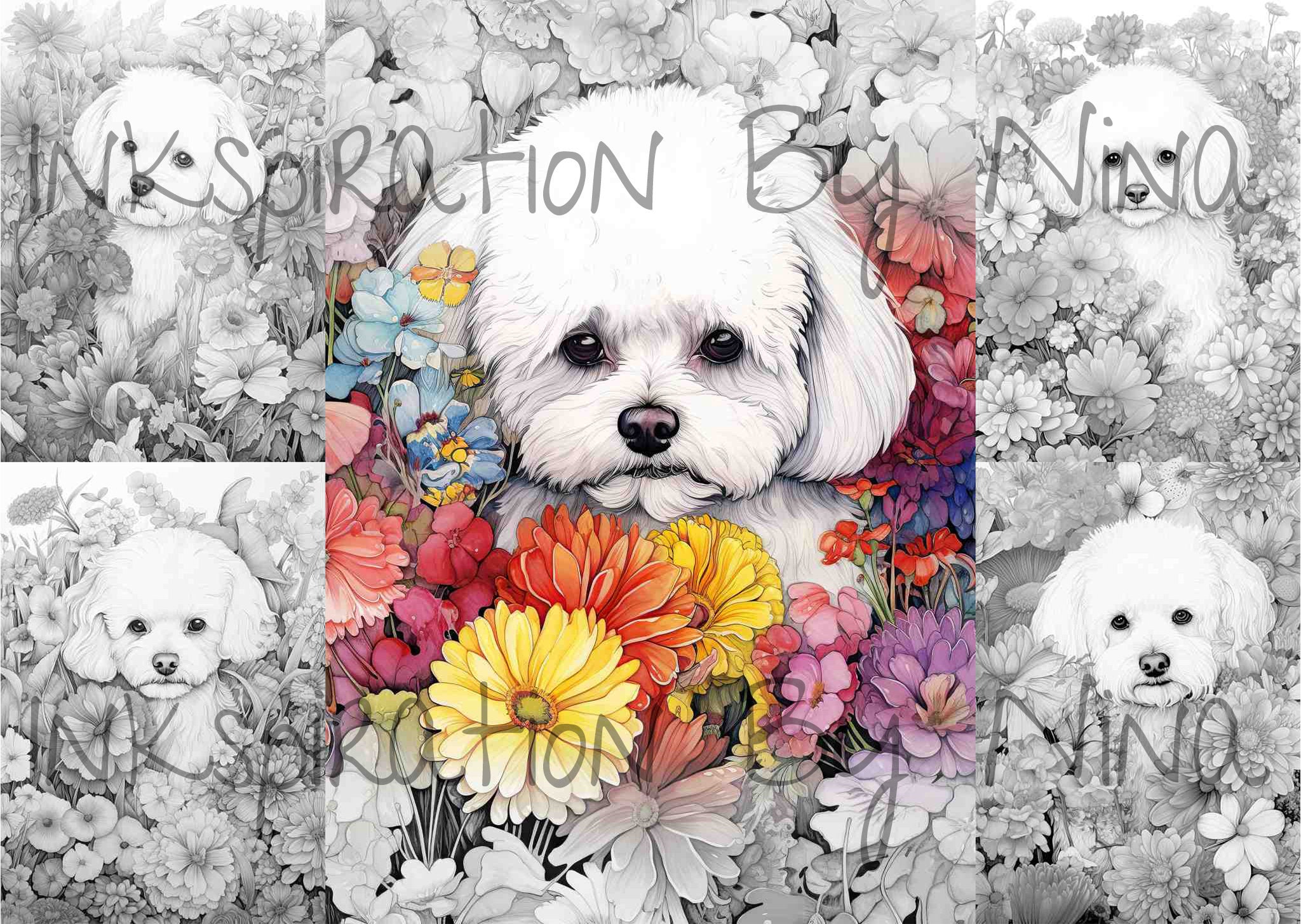 Bichon Frise in Flowers Coloring Book, 20 Detail Greyscale Adult & Kids ...