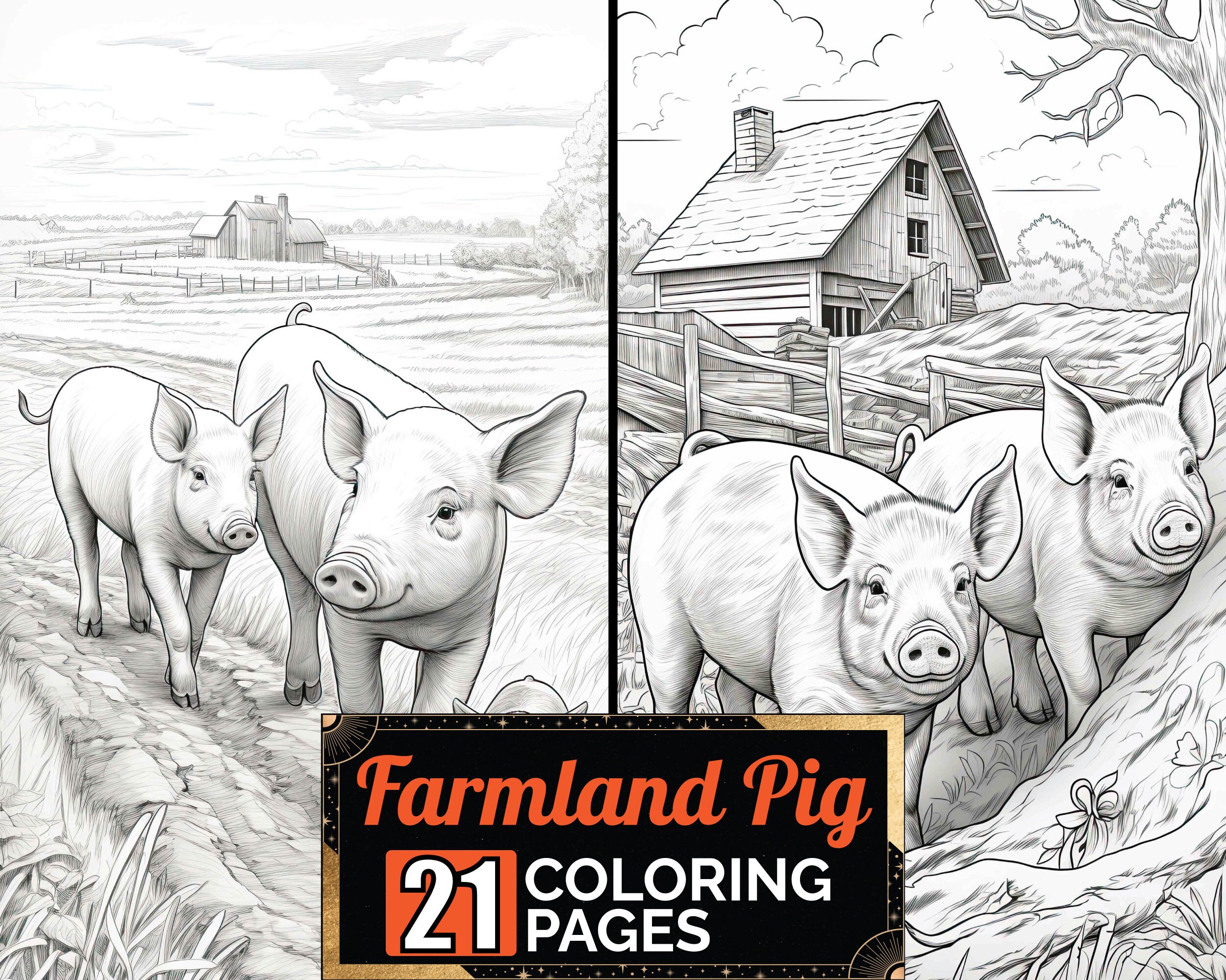 Farmland Pig Coloring Book, 21 Greyscale Adult & Kids Farm Animal ...