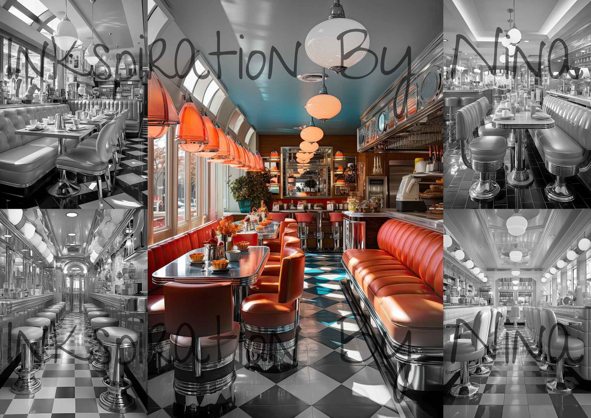 Retro American Diner Coloring Book, 20 Detail Greyscale Adult ...