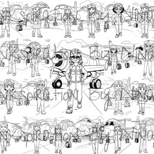 Cartoon Young Pilot Woman Coloring Book, 21 Greyscale Adult & Kids ...