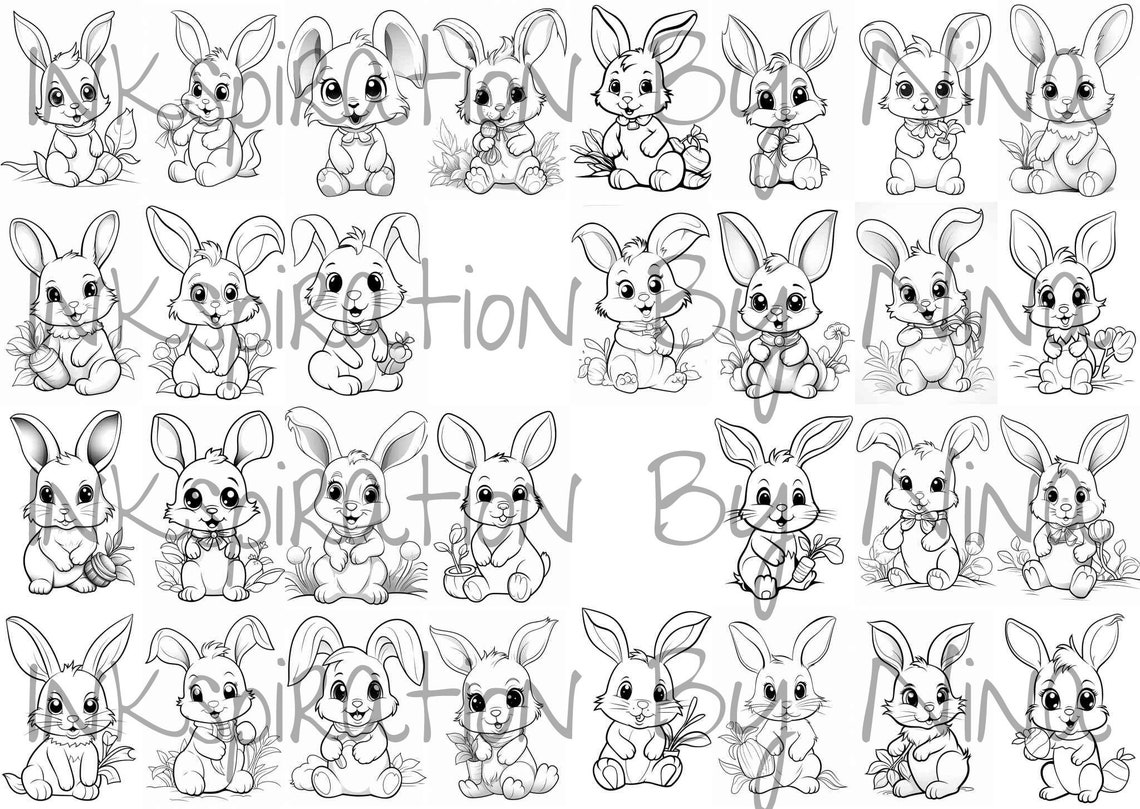 Cute Bunny Coloring Book, 30 Detail Greyscale Adult & Kids Rabbit ...