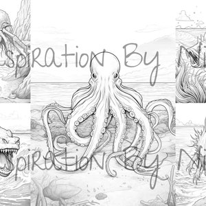 Scary Sea Monster Coloring Book, 27 Detail Greyscale Adult & Kid Sea ...