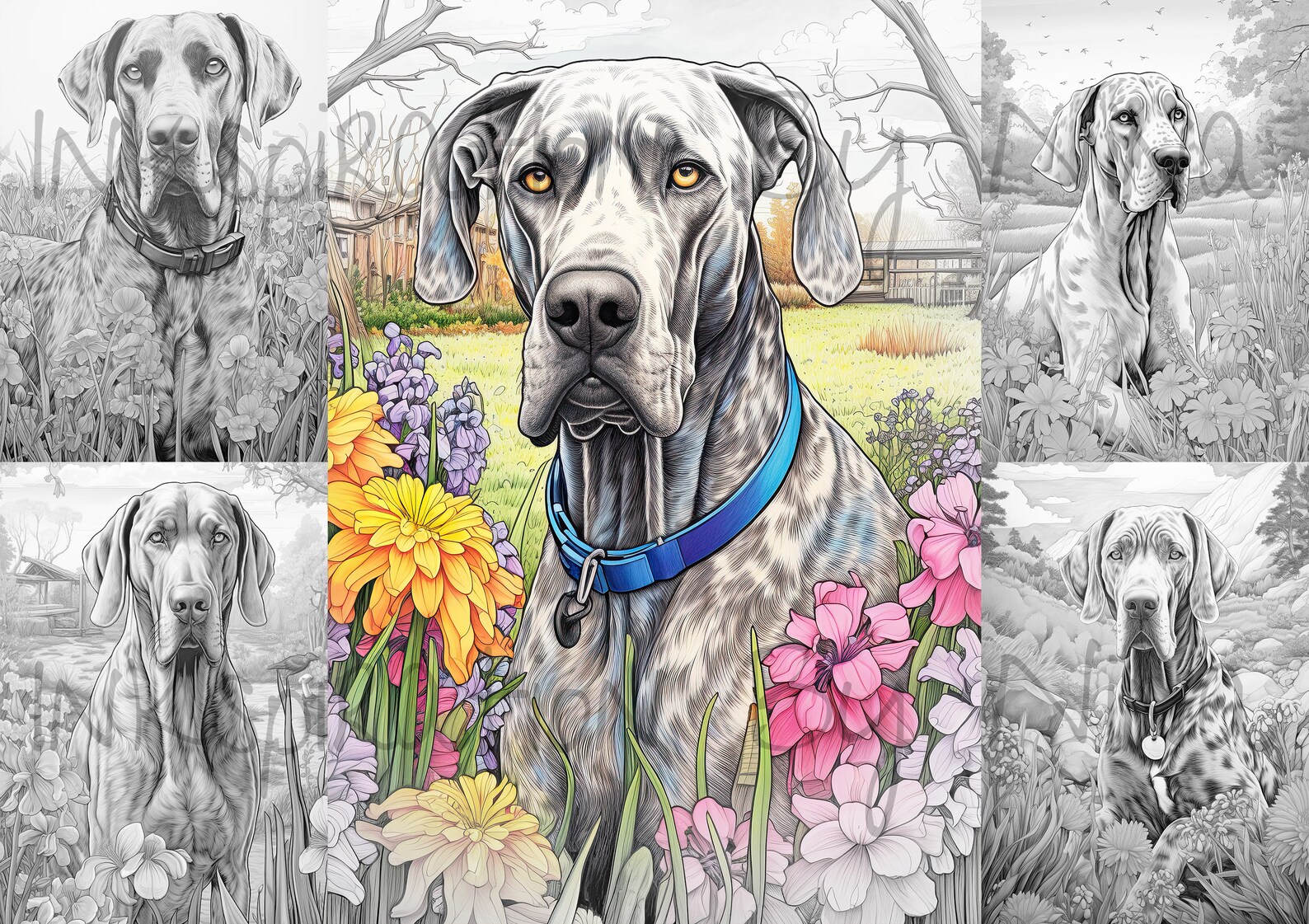 Great Dane Enjoying Outside Coloring Pages, 20 Premium Coloring Sheets ...