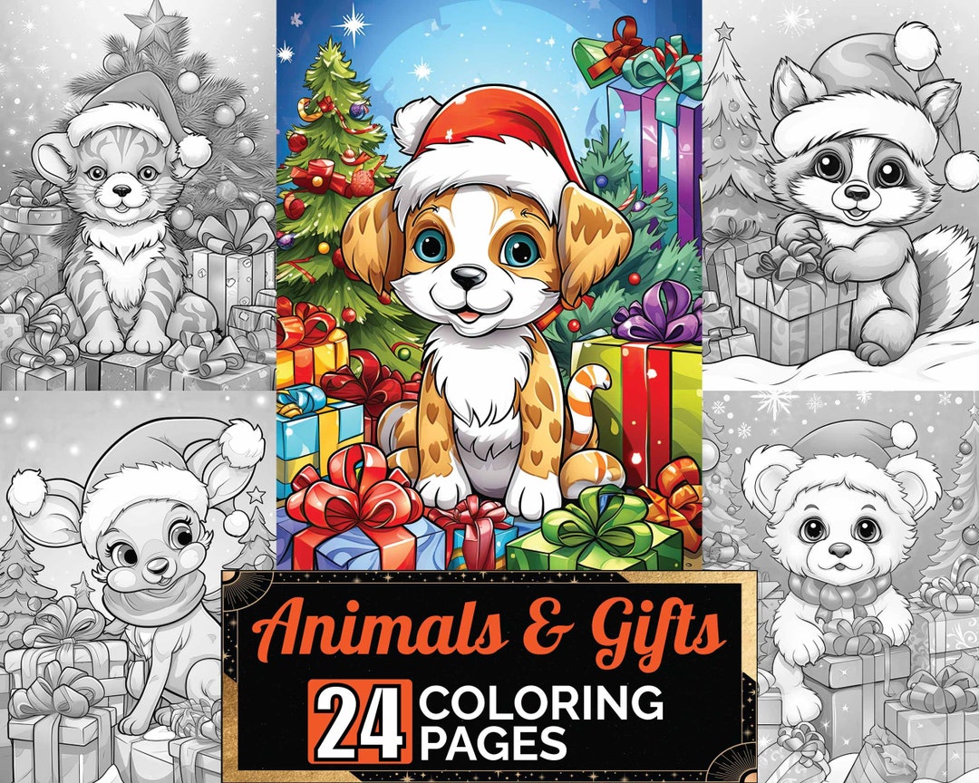 Cute Animals With Gifts Coloring Book, 24 Premium Adult & Kids Winter ...