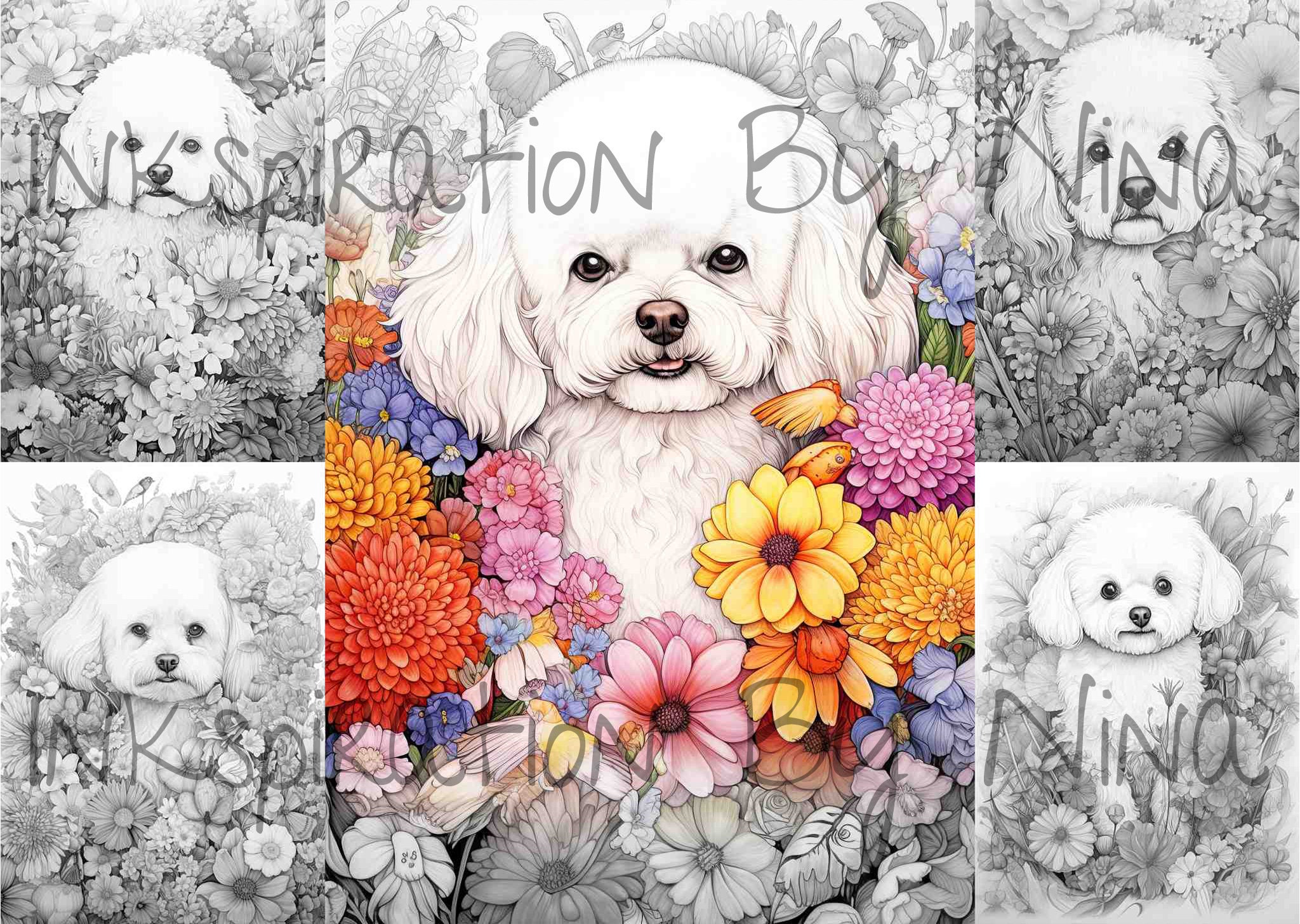 Bichon Frise in Flowers Coloring Book, 20 Detail Greyscale Adult & Kids ...