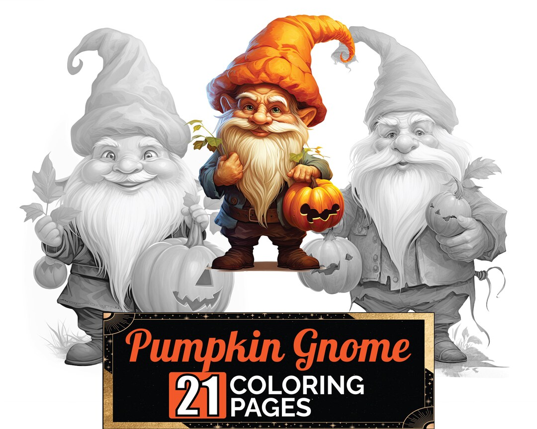 Gnome Holding A Pumpkin Coloring Book, 21 Detail Greyscale Adult & Kids ...