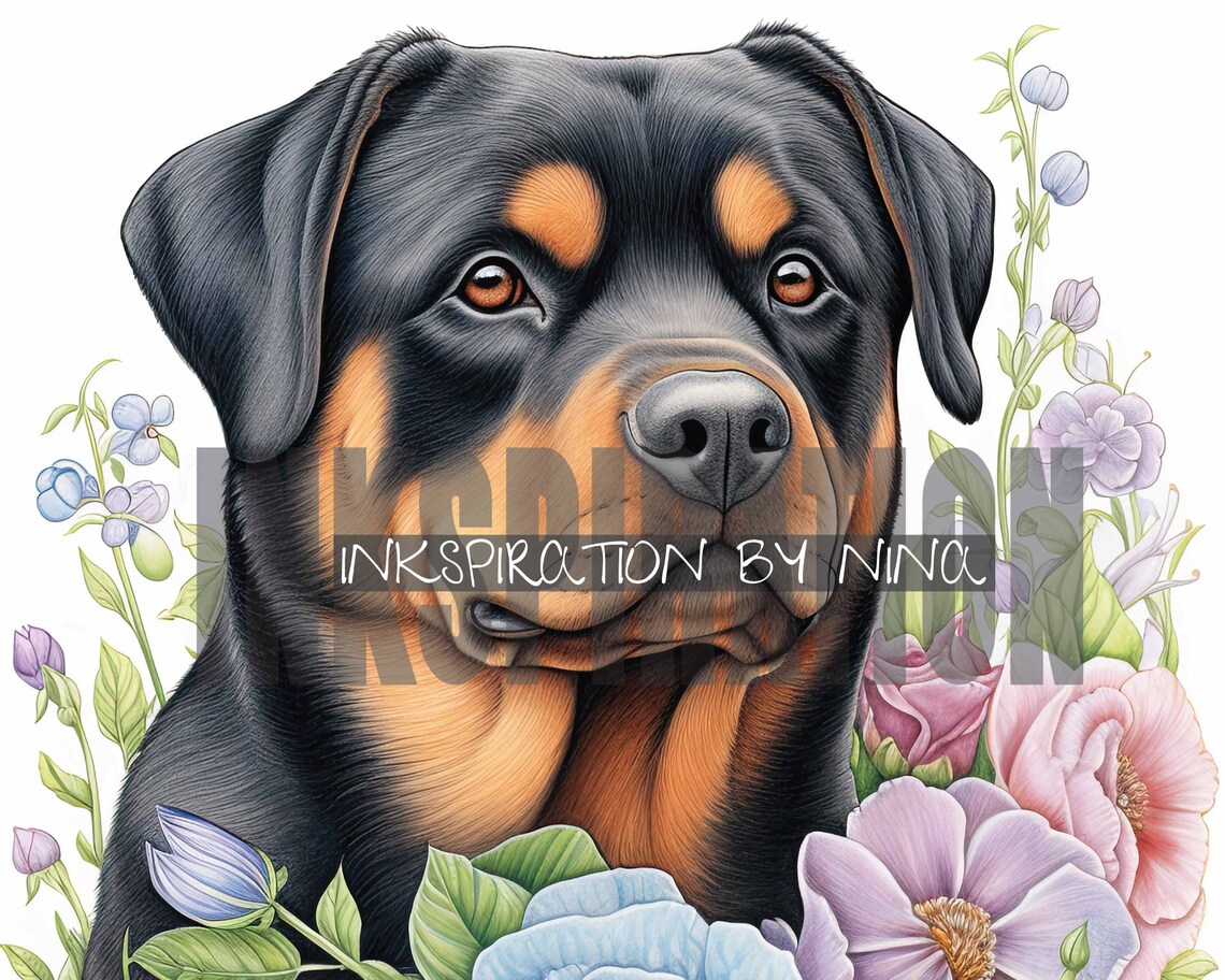 Rottweiler in Flowers Coloring Pages, 20 Premium Coloring Sheets, Adult ...