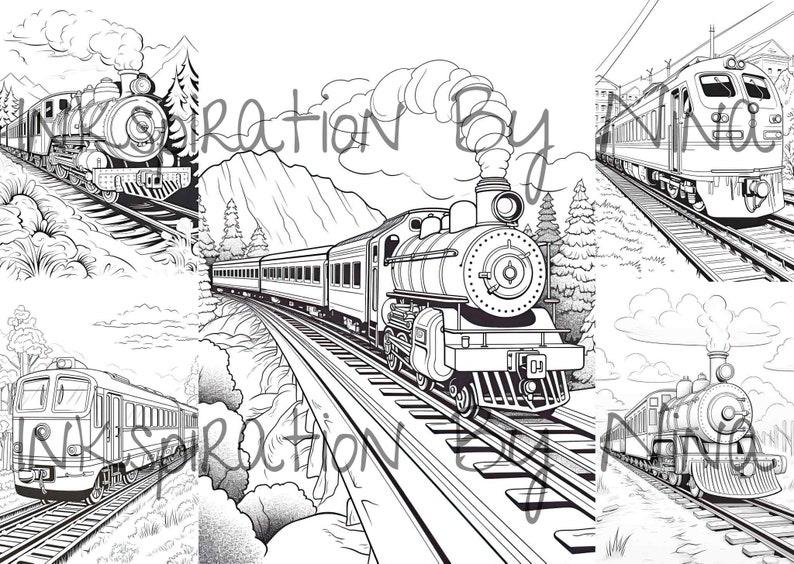 Train in Motion Coloring Book, 26 Detail Greyscale Adult & Kids ...
