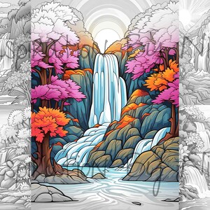 Colorful Forest Tree Waterfall Coloring Book, 20 Detail Greyscale Adult ...