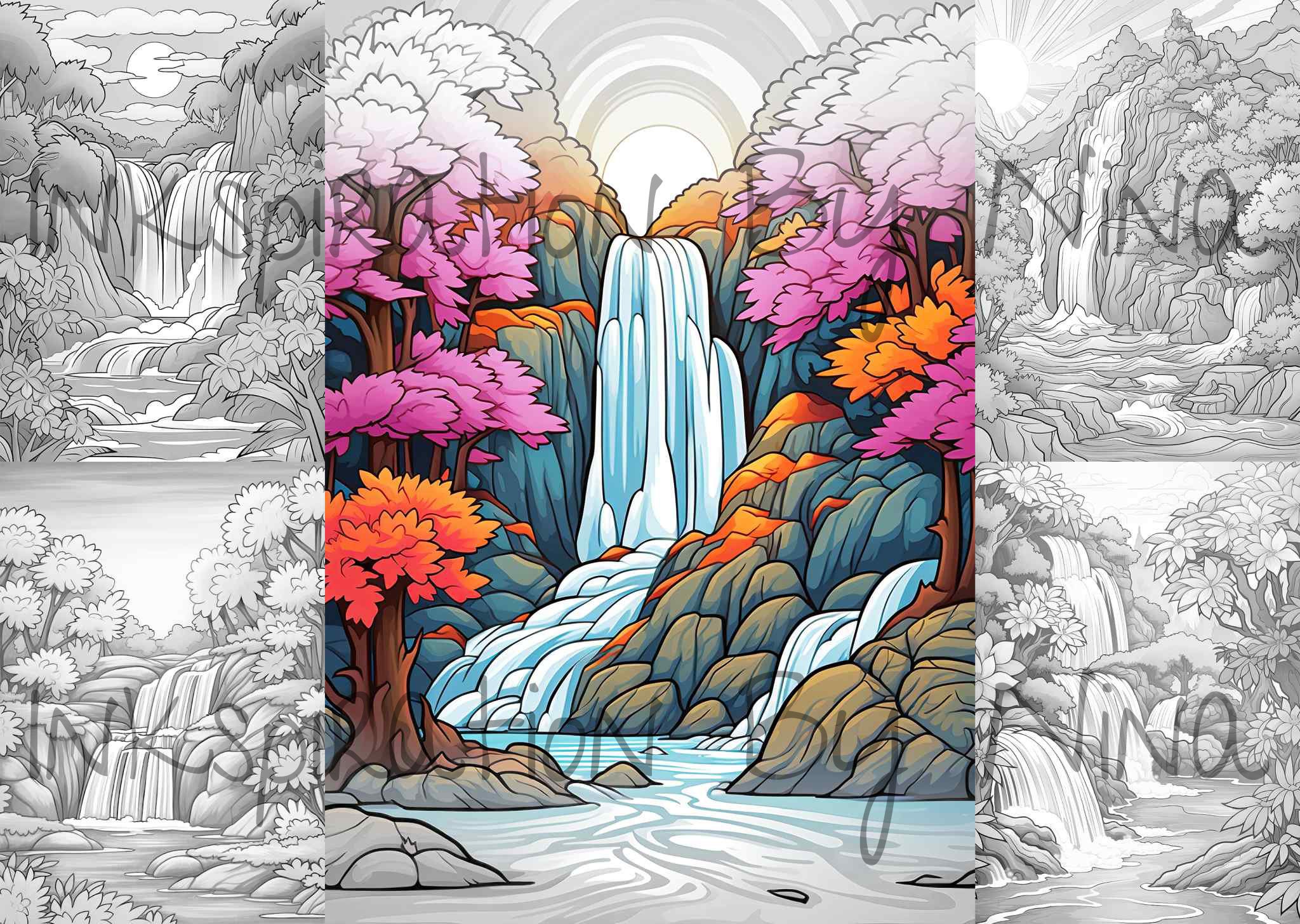 Colorful Forest Tree Waterfall Coloring Book, 20 Detail Greyscale Adult ...