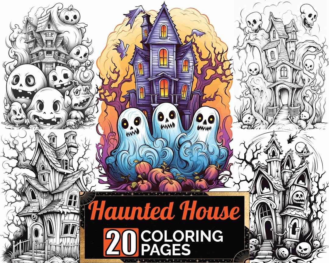 Scary Haunted House Halloween Coloring Pages, 20 Premium Adult & Kids ...