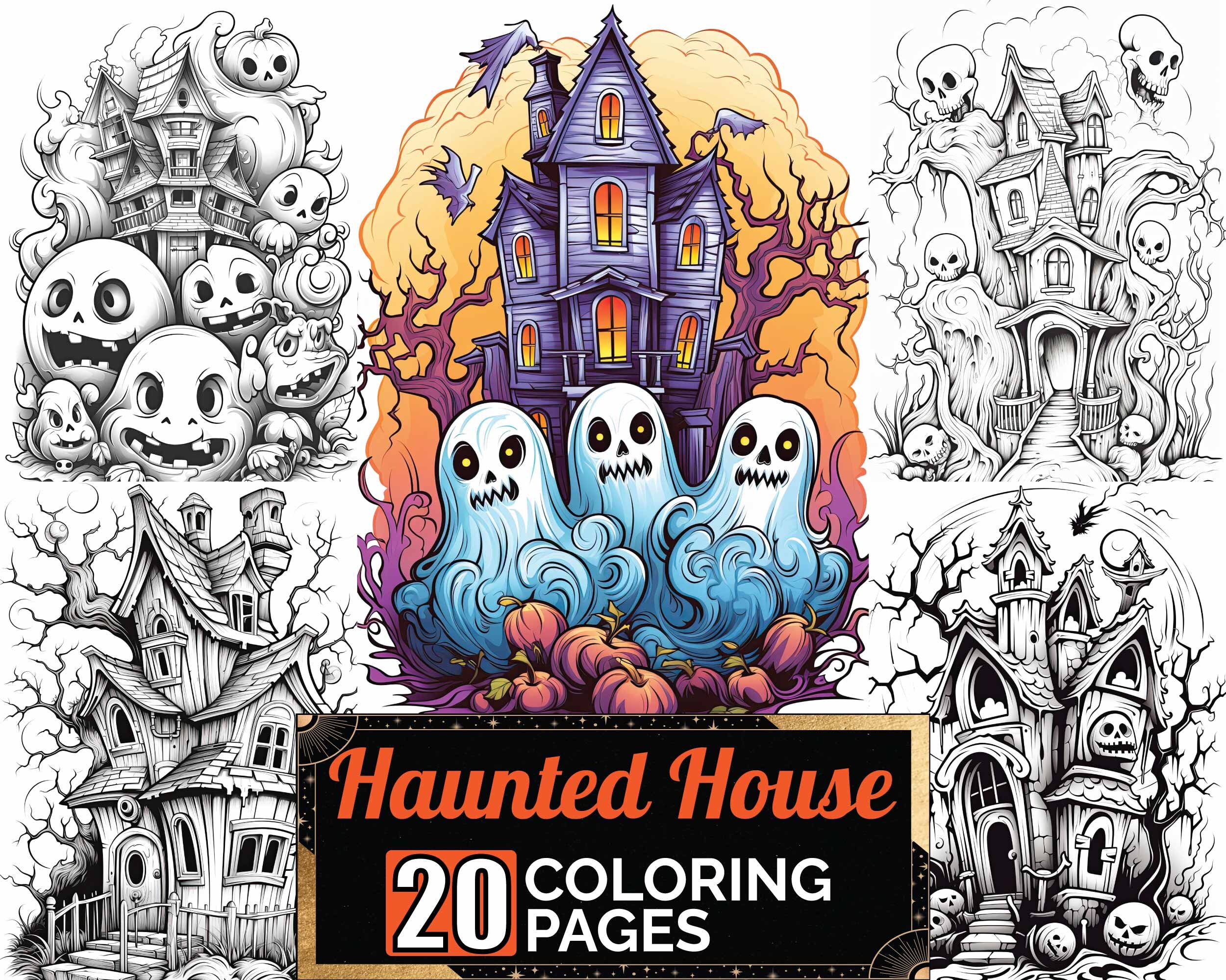 Scary Haunted House Halloween Coloring Pages, 20 Premium Adult & Kids ...