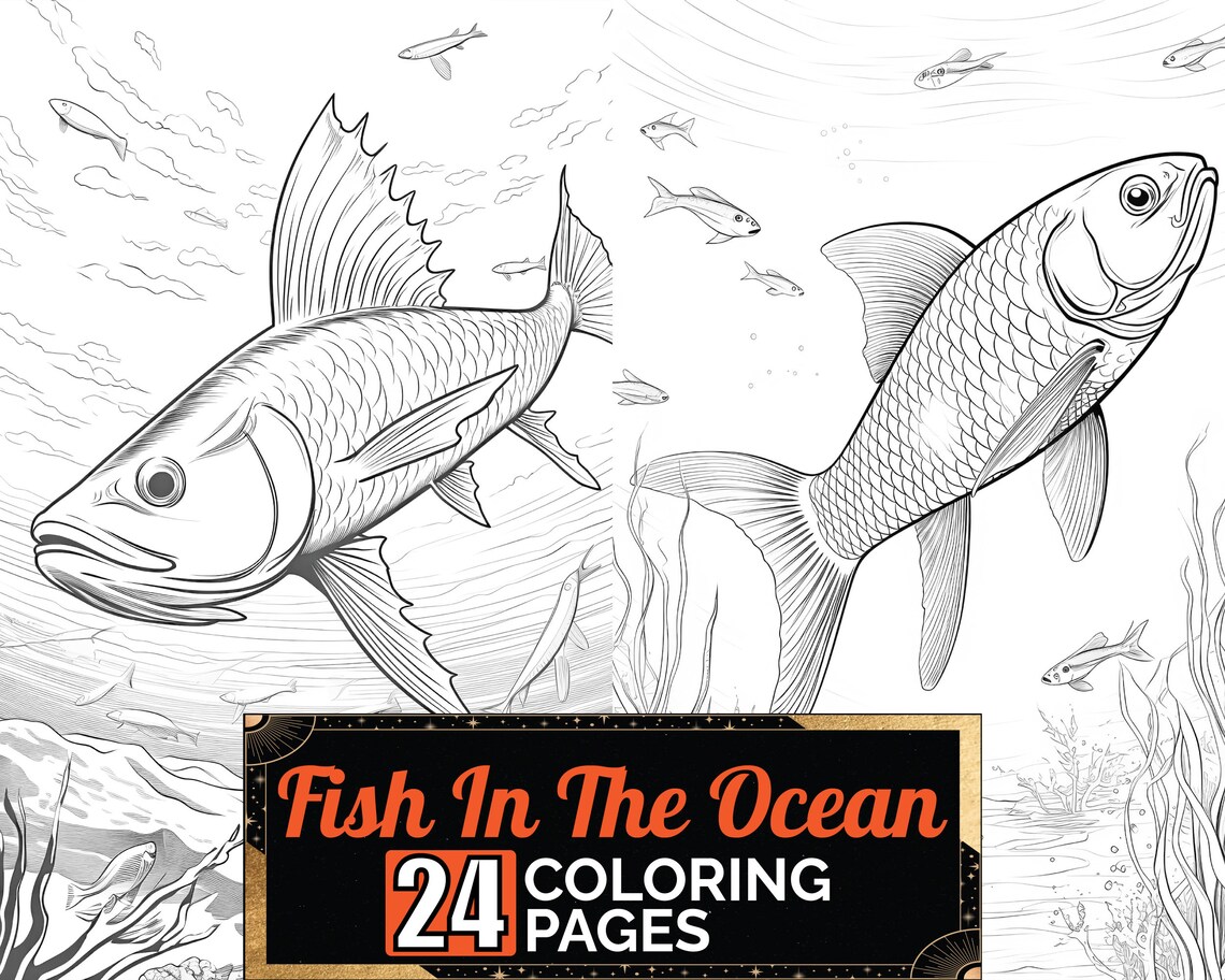 Fish in the Ocean Coloring Book, 24 Detail Greyscale Adult & Kids Water ...