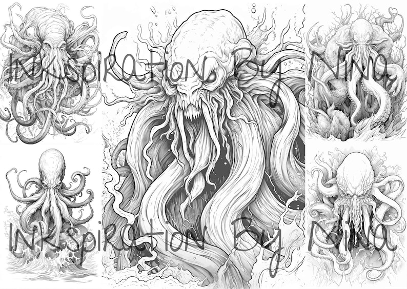 Cthulhu Tentacle Sea Monster Coloring Book, 16 Detail Greyscale Adult ...