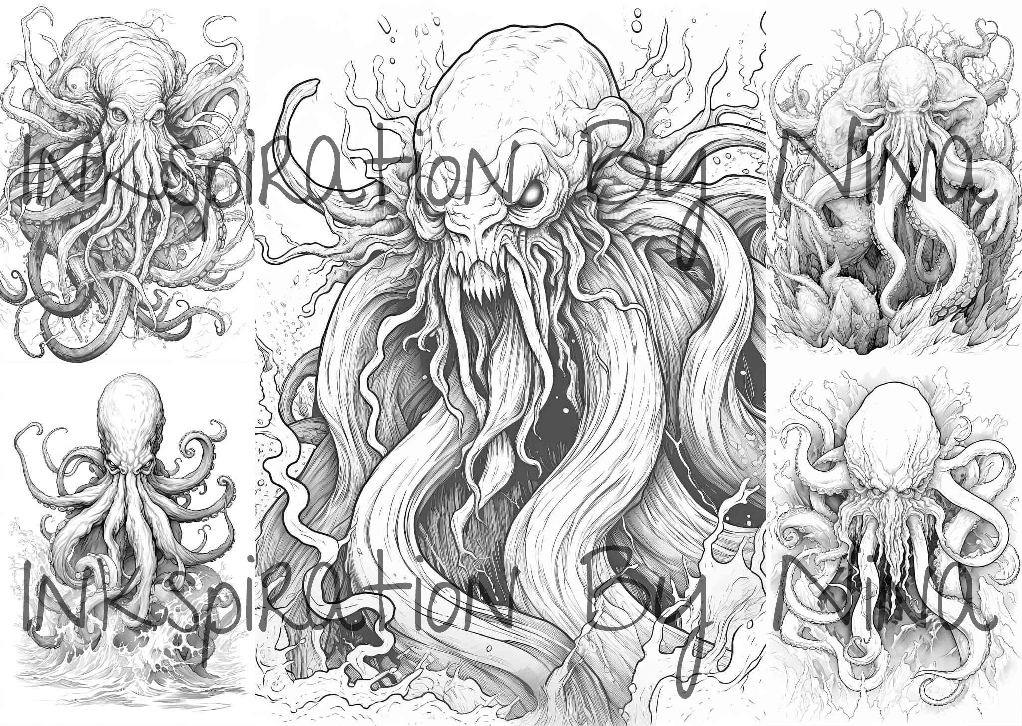 Cthulhu Tentacle Sea Monster Coloring Book, 16 Detail Greyscale Adult ...