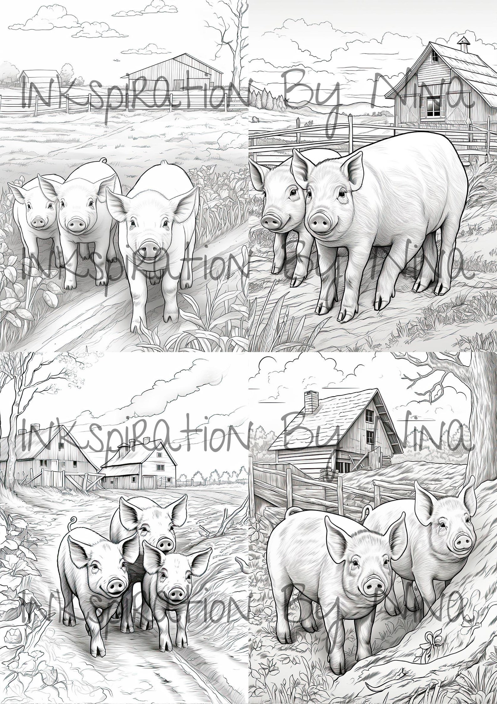 Farmland Pig Coloring Book, 21 Greyscale Adult & Kids Farm Animal ...