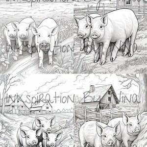 Farmland Pig Coloring Book, 21 Greyscale Adult & Kids Farm Animal ...