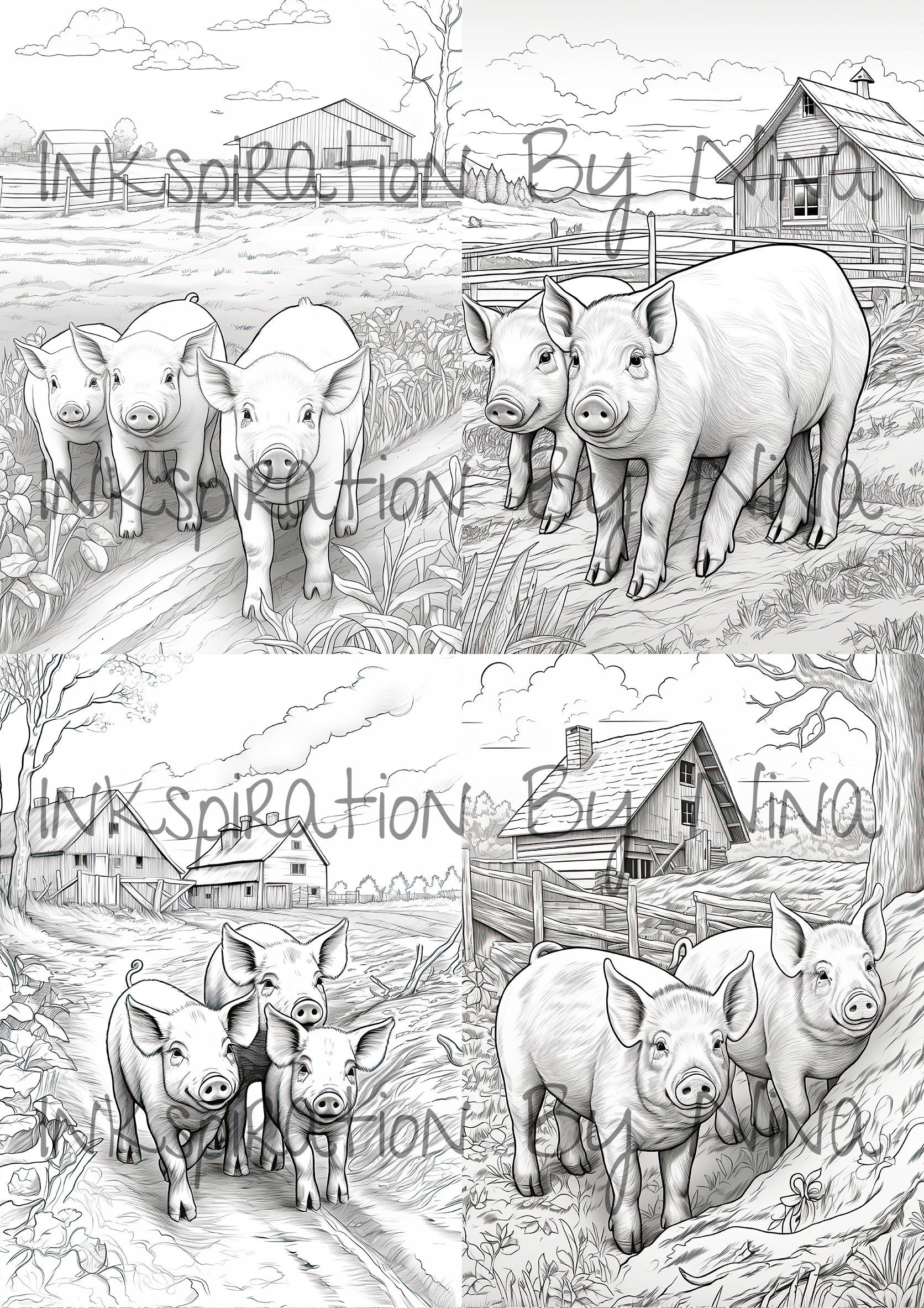 Farmland Pig Coloring Book, 21 Greyscale Adult & Kids Farm Animal ...