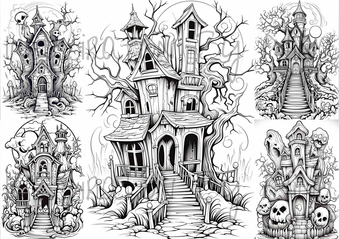 Scary Haunted House Halloween Coloring Pages 20 Premium Adult - Etsy