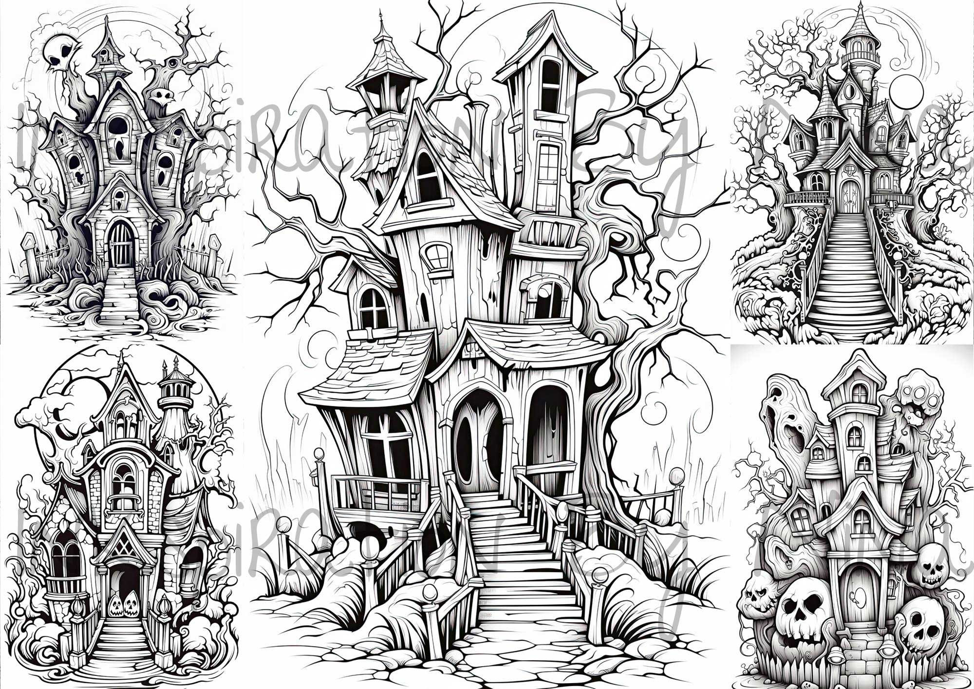 Scary Haunted House Halloween Coloring Pages, 20 Premium Adult & Kids ...