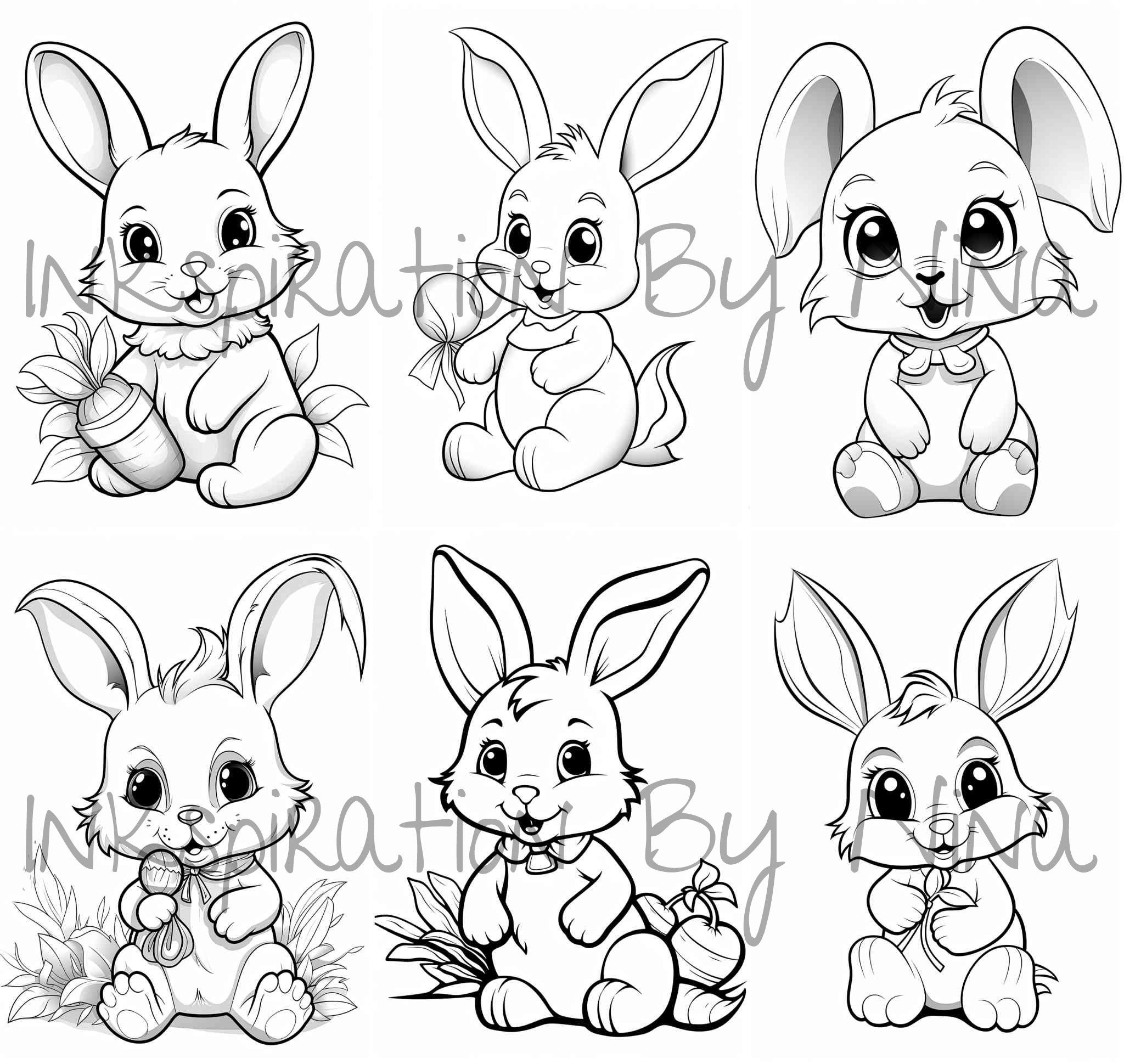 Cute Bunny Coloring Book, 30 Detail Greyscale Adult & Kids Rabbit ...