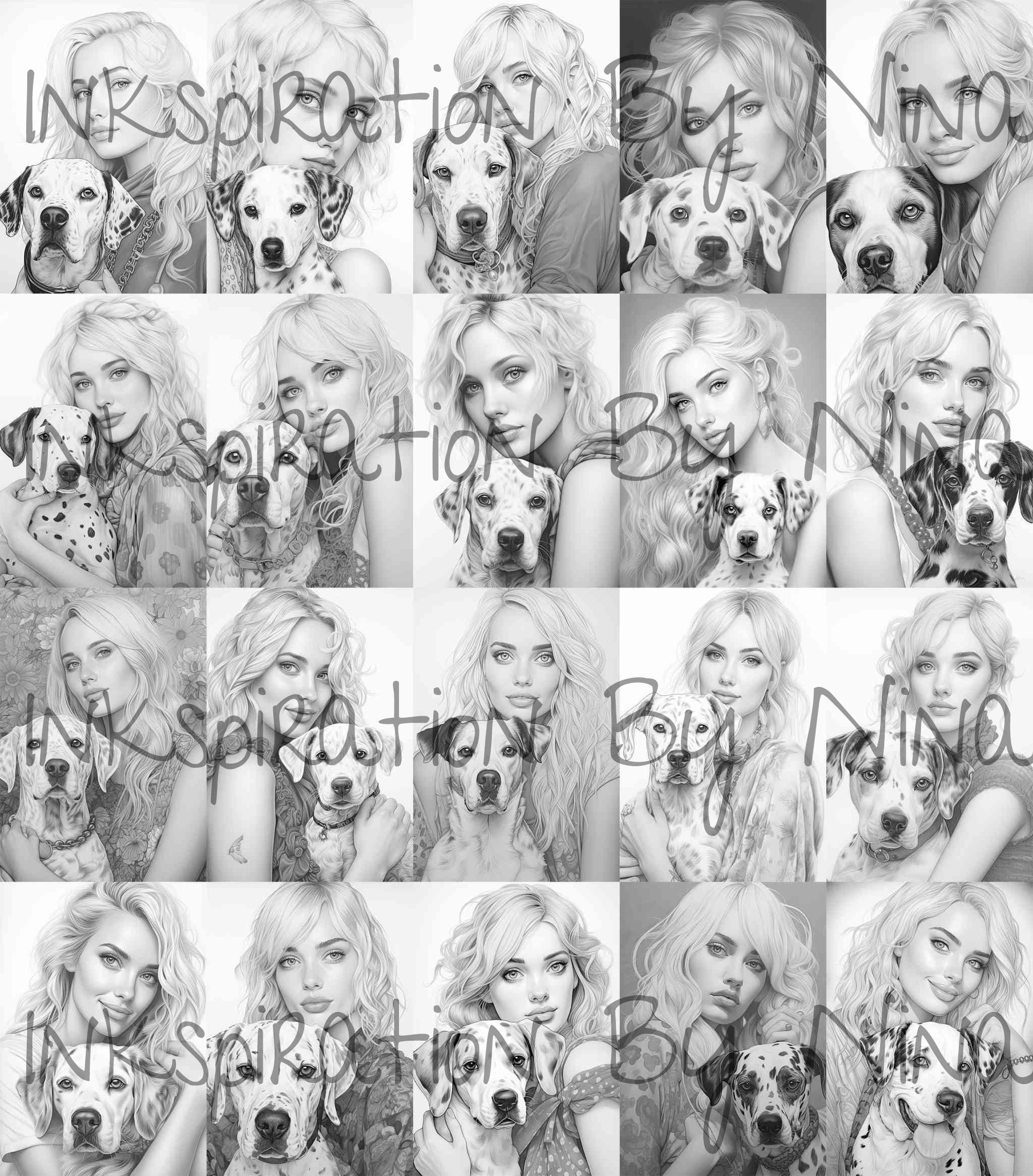 Girl With A Dalmatian Coloring Book, 20 Detail Greyscale Adult & Kids ...