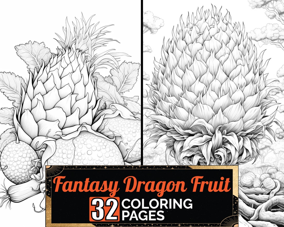 Fantasy Dragon Fruit Tree Coloring Book, 32 Detail Greyscale Adult ...