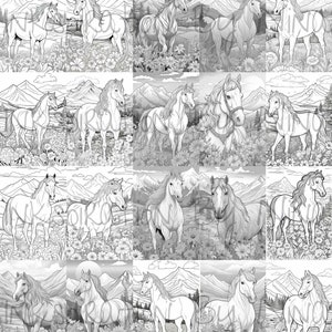 Horse on A Flower Meadow Field Coloring Pages, 25 Premium Adult Kids ...