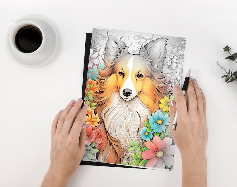 Sheltie Shetland Sheepdog in Flowers Coloring Pages, 20 Premium ...