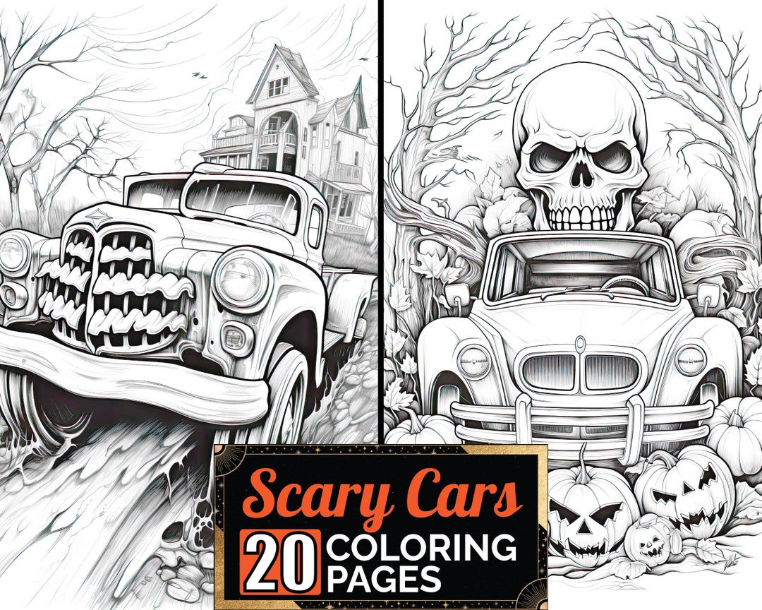 Scary Halloween Cars Coloring Book, 20 Greyscale Adult & Kids Detailed ...